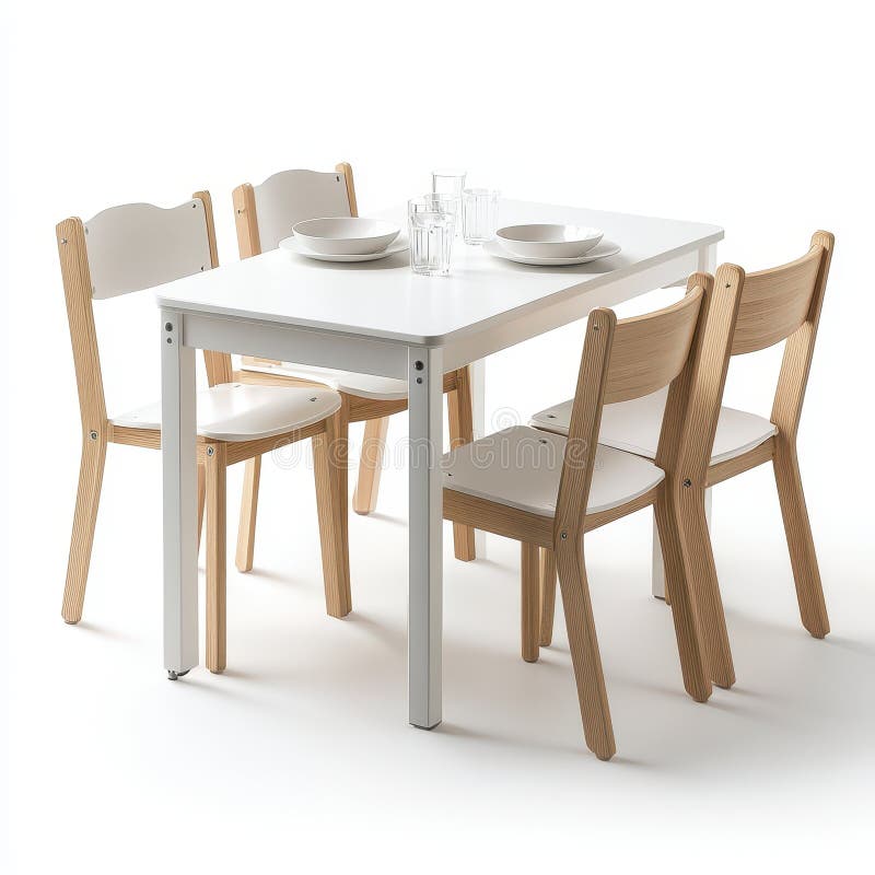 A Simple Dining Set Featuring a White Table and Wooden Chairs, Ideal ...