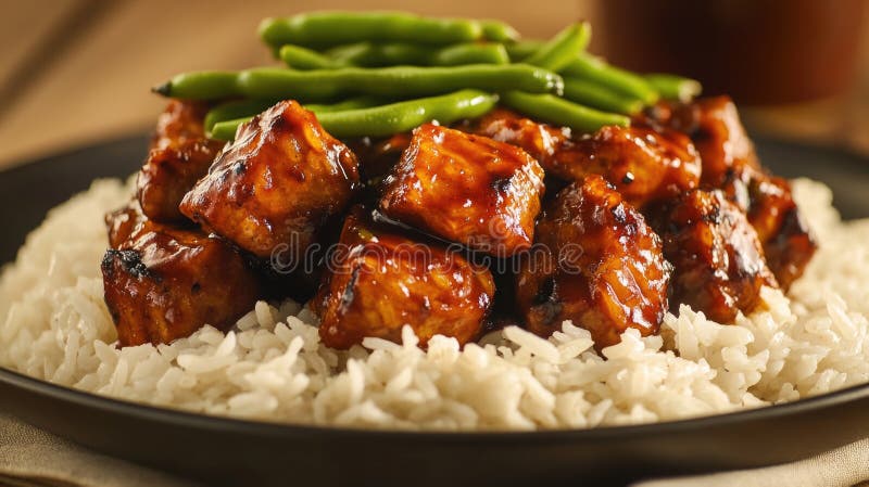 A Simple Dish of Cooked Rice and Green Beans Served on a Black Plate ...