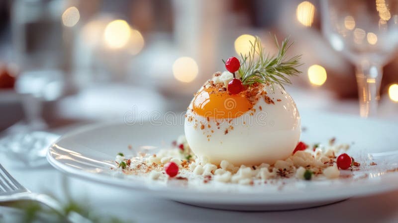 A Simple Dish Featuring an Egg and Garnish on a White Plate Stock Photo ...
