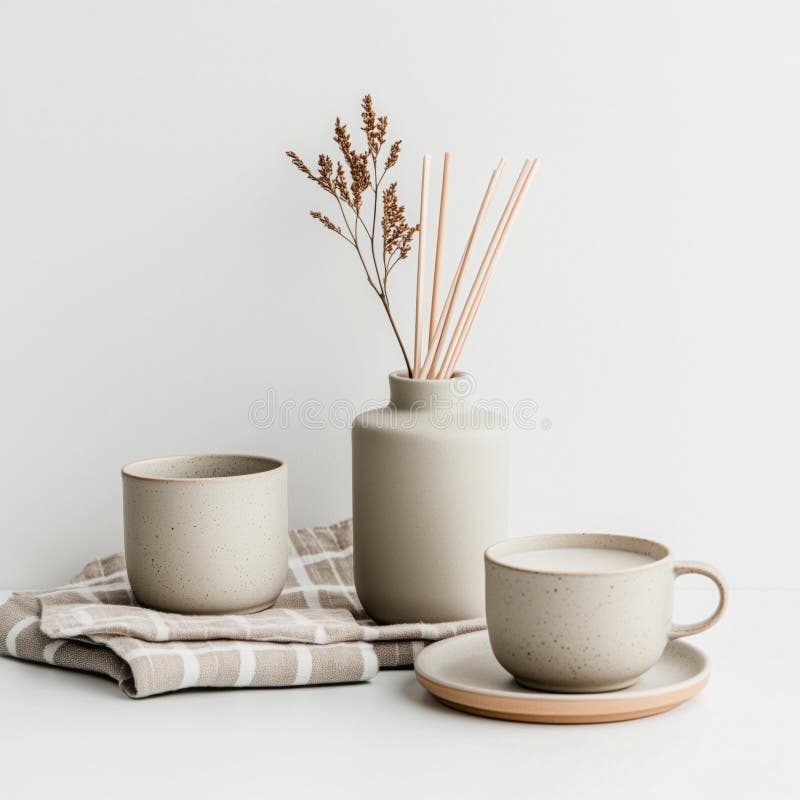 A Simple Display of Neutral Ceramic Items, Including Cups and a Vase ...