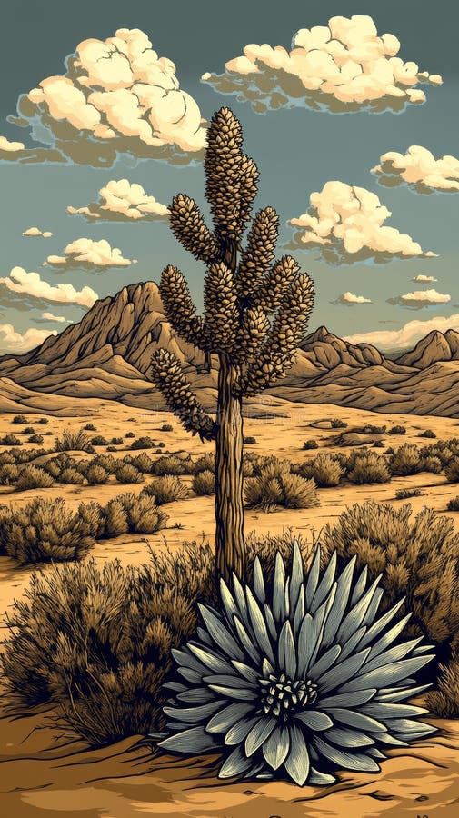 A Simple Drawing of a Desert Scene Featuring Hills, Plants, and a ...