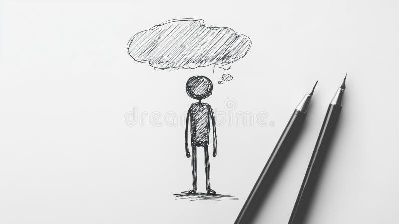 Thoughtful Figure Pondering Ideas with Sketch of a Cloud Above in a ...