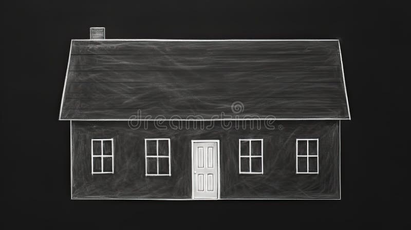 A Simple Drawing House with White Chalk on a Blackboard, Evoking a ...