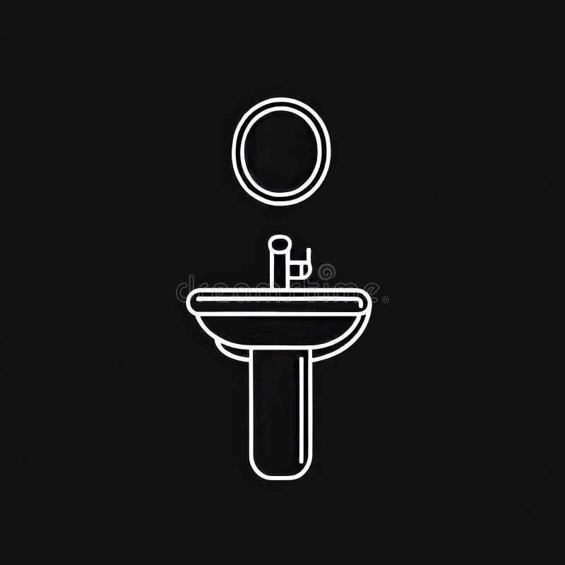 A Simple Drawing of a Sink with a Round Mirror Overhead, Surrounded by ...