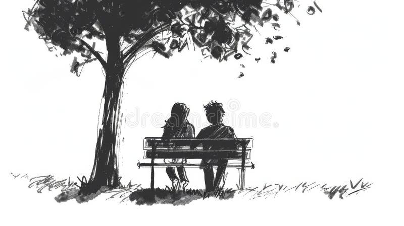 A Simple Drawing of Two People Sitting on a Bench Stock Illustration ...