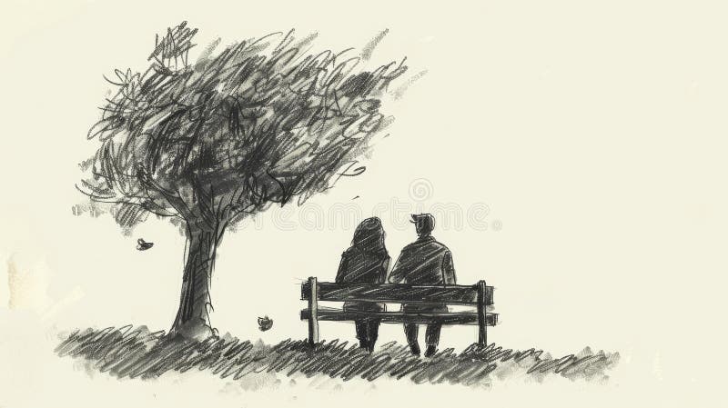 A Simple Drawing of Two People Sitting on a Bench Stock Illustration ...