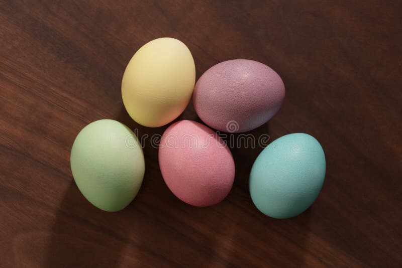 Simple Easter Eggs on Walnut Wood Table Top View Stock Photo - Image of ...