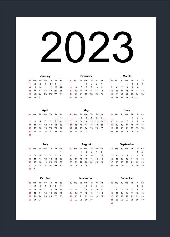 Simple Editable Vector Calendar for Year 2023. Week Starts from Sunday ...
