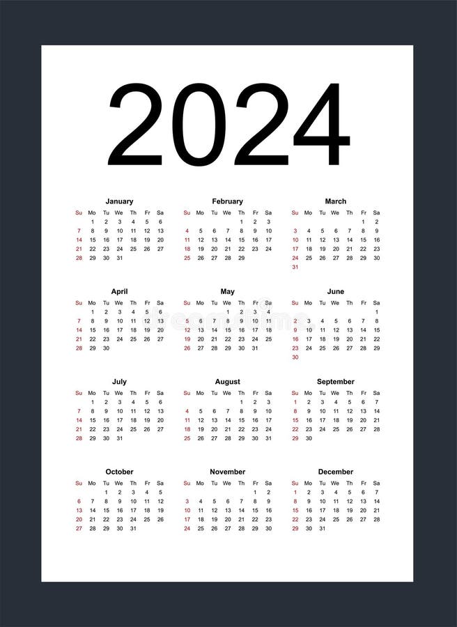 Simple Editable Vector Calendar for Year 2024. Week Starts from Sunday ...
