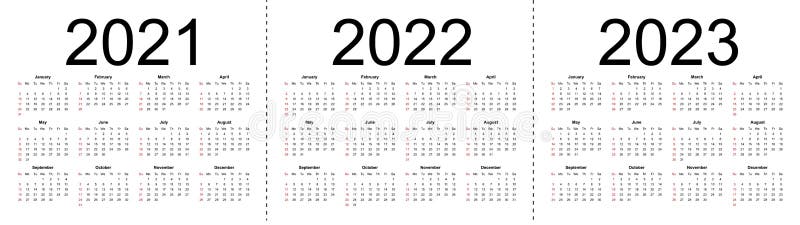 Simple Editable Vector Calendars for Year 2021 2022 2023. Week Starts ...