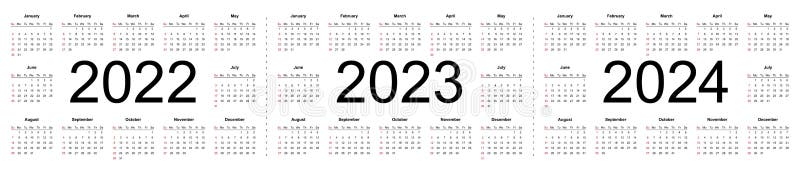Simple Editable Vector Calendars for Year 2022 2023 2024. Week Starts ...