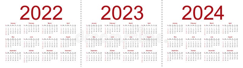 Simple Editable Vector Calendars for Year 2022 2023 2024. Week Starts ...