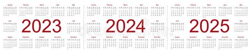 Simple Editable Vector Calendars for Year 2023 2024 2025. Week Starts ...