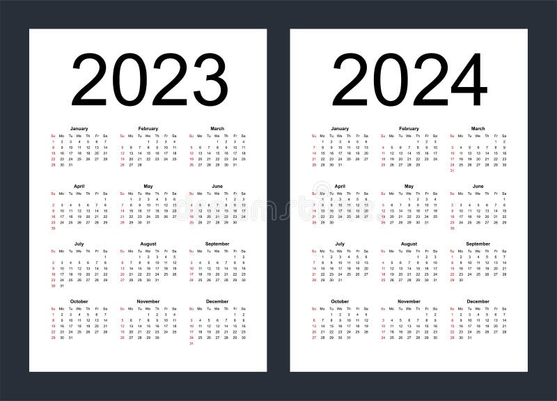 Simple Editable Vector Calendars for Year 2023, 2024. Week Starts from ...