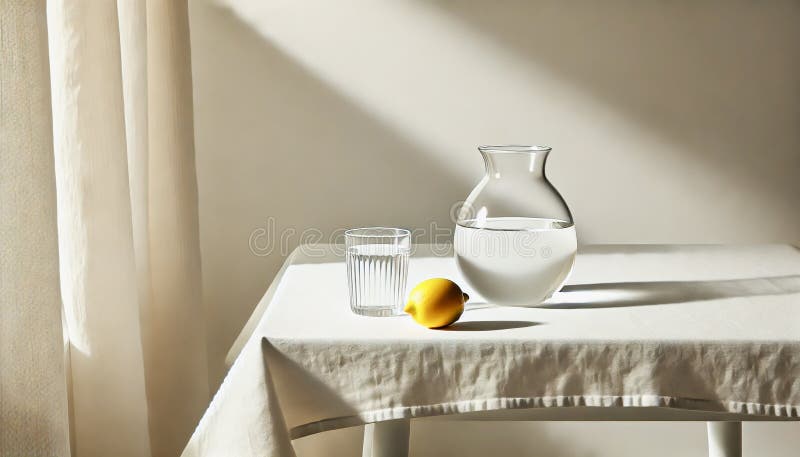 Simple Elegance in Light and Shadow with Water and Lemon Stock ...