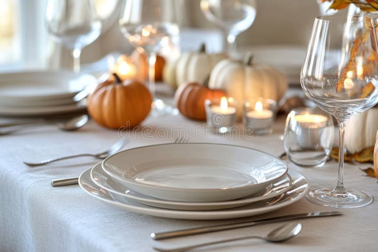 Simple Elegant Autumn Table Setting with a Small Pumpkin, White ...