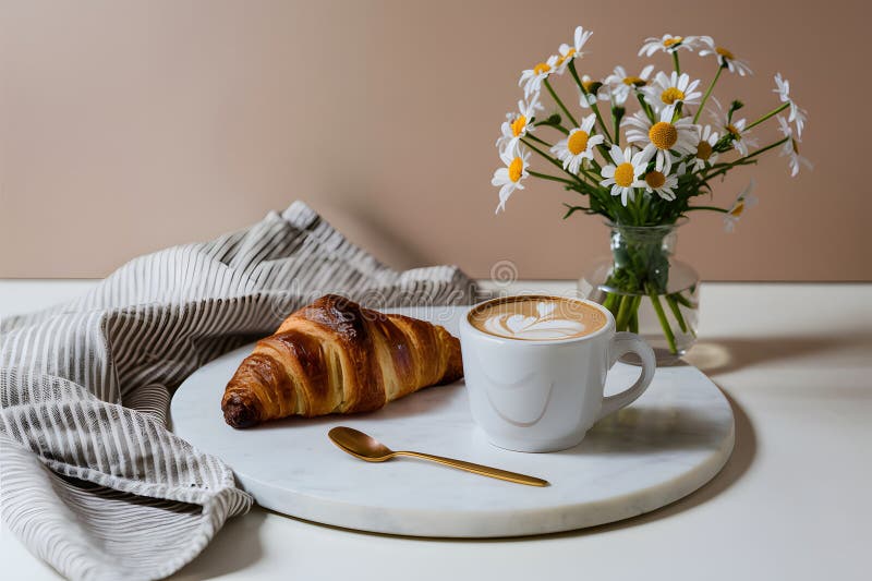 Simple and Elegant Breakfast Setup with Croissant, Coffee, Flowers, and ...
