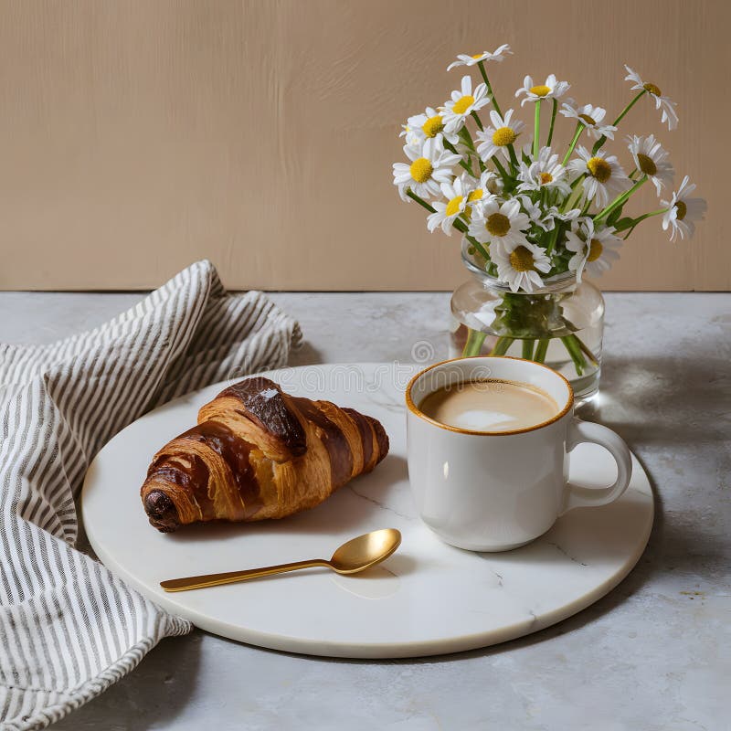 Simple and Elegant Breakfast Setup with Croissant, Coffee, Flowers, and ...