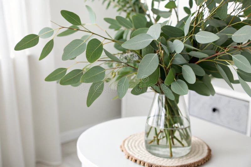 Green Eucalyptus Leaves in Vase on White Table Stock Illustration - Illustration of texture ...