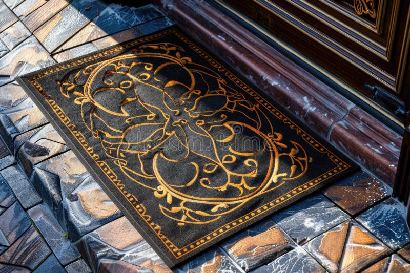 A Simple yet Elegant Door Mat with Black and Gold Design Placed on a ...
