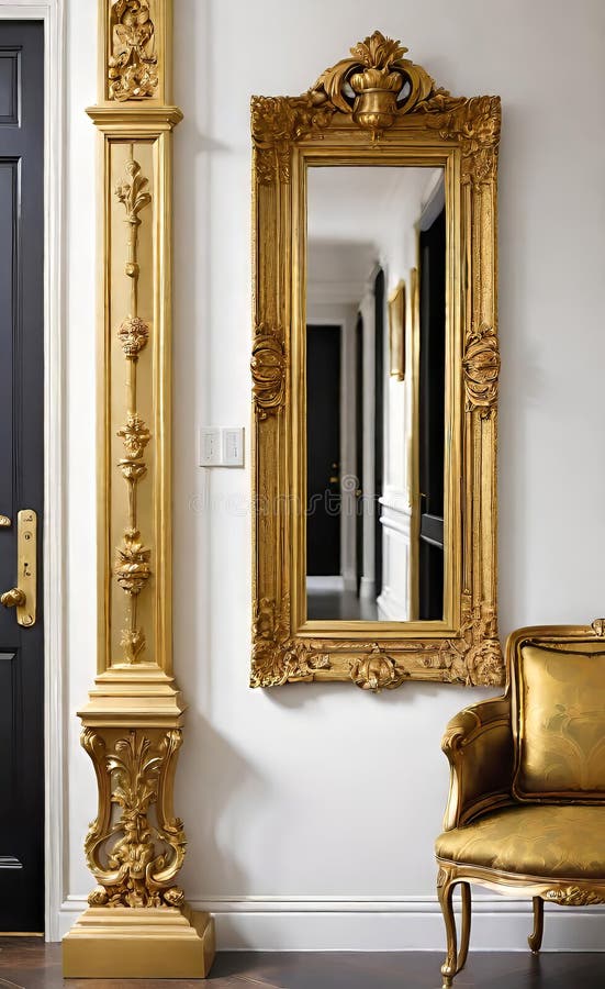 Simple Elegant Hallway with Two Tall Rectangular Golden Decorative ...