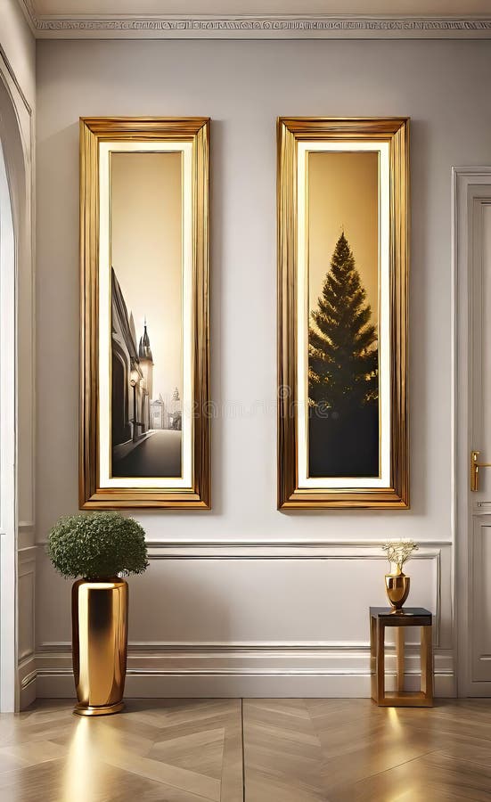 Simple Elegant Hallway with Two Tall Rectangular Golden Decorative ...