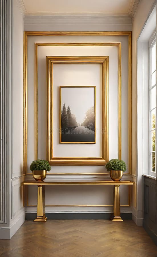 Simple Elegant Hallway with Two Tall Rectangular Golden Decorative ...