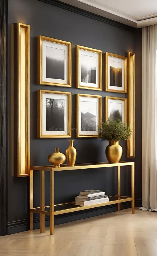 Simple Elegant Hallway with Two Tall Rectangular Golden Decorative ...