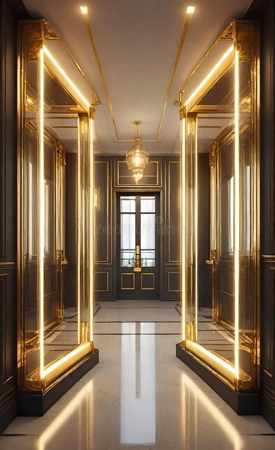 Simple Elegant Hallway with Two Tall Rectangular Golden Decorative ...