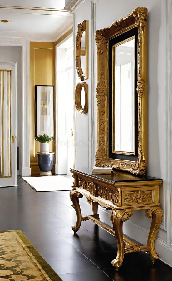 Simple Elegant Hallway with Two Tall Rectangular Golden Decorative ...