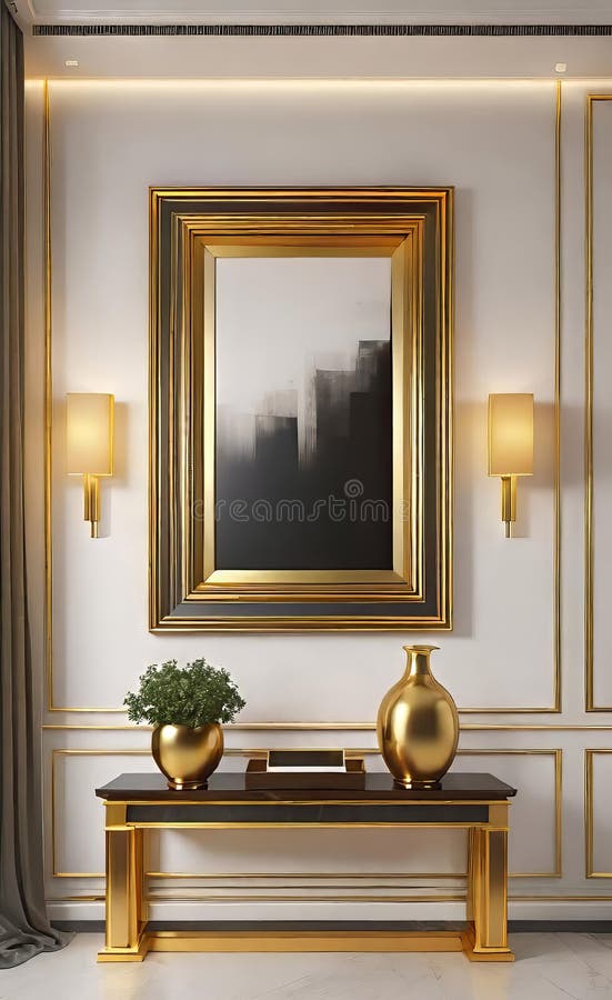 Simple Elegant Hallway with Two Tall Rectangular Golden Decorative ...