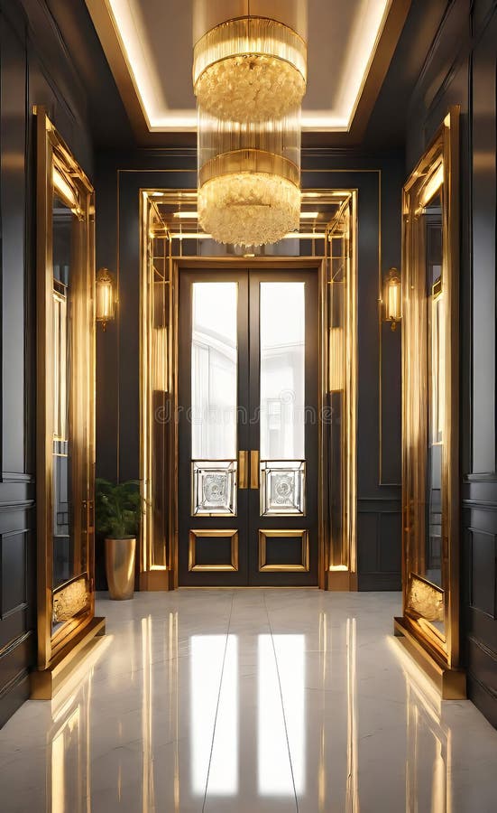 Simple Elegant Hallway with Two Tall Rectangular Golden Decorative ...