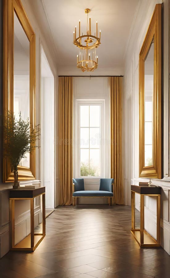 Simple Elegant Hallway with Two Tall Rectangular Golden Decorative ...