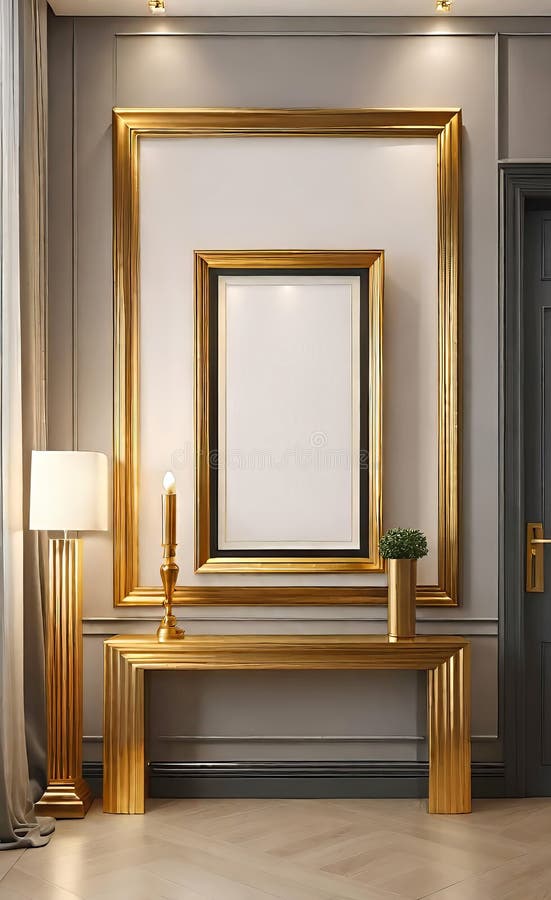 Simple Elegant Hallway with Two Tall Rectangular Golden Decorative ...