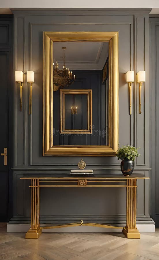 Simple Elegant Hallway with Two Tall Rectangular Golden Decorative ...