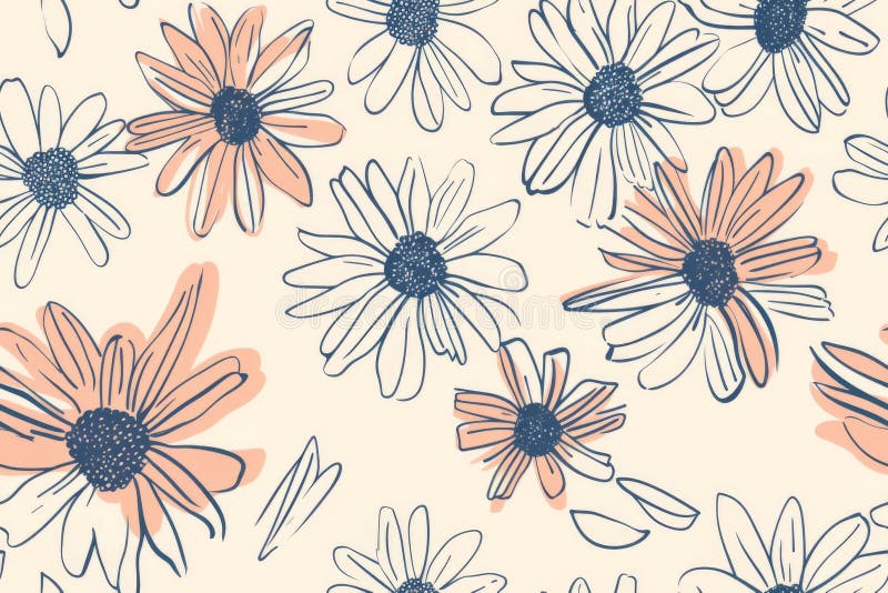 Simple and Elegant Hand Drawn Floral Pattern in Blue and Peach Stock ...