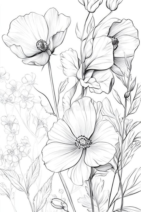 A Simple, yet Elegant Illustration of Various Flowers in Grayscale ...