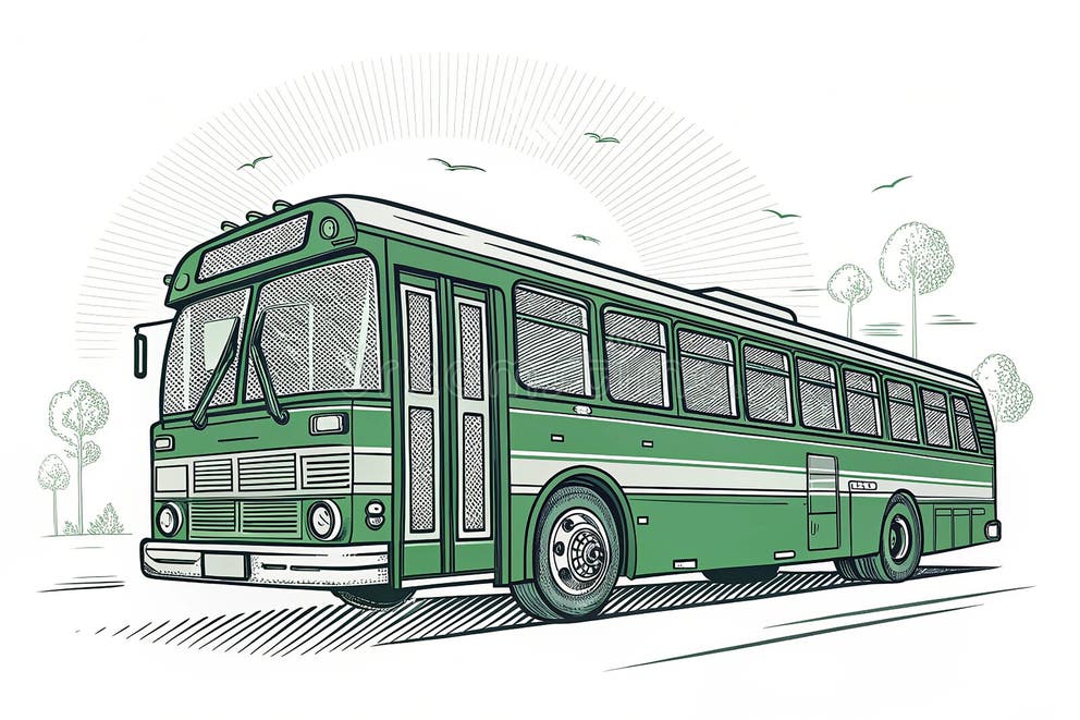 Bus Line Art 02. Line Art Drawing for a Green Bus Stock Illustration ...