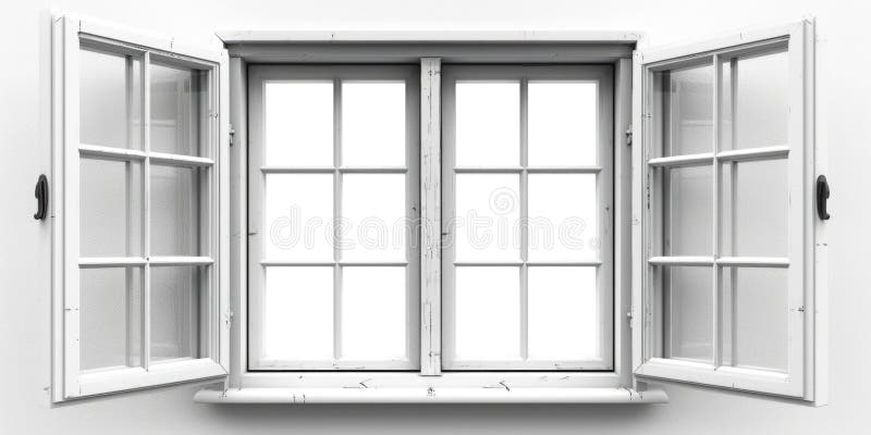 A Simple and Elegant Open Window with White Shutters Against a White ...