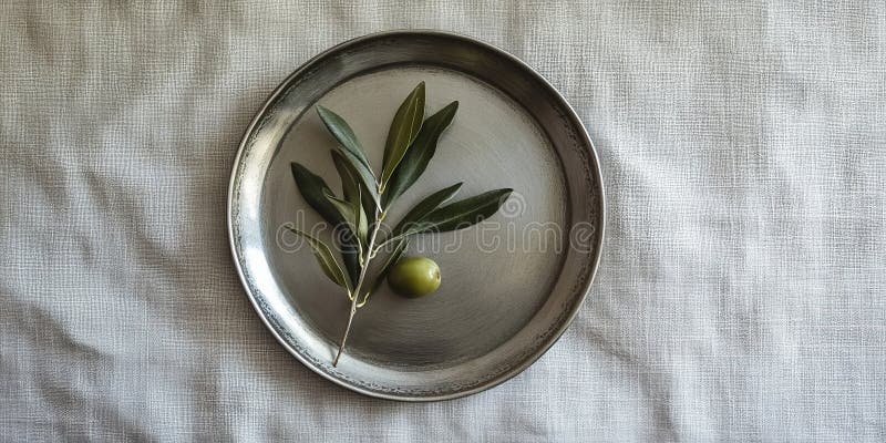 A Simple and Elegant Photo Featuring a Silver Plate with a Branch of ...