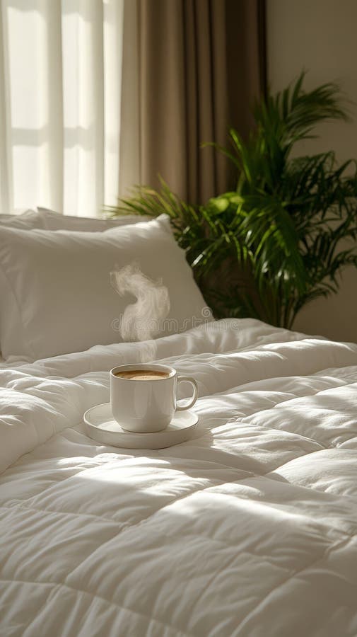 Simple yet Elegant Setting with a Steaming Cup of Coffee on Fresh White ...