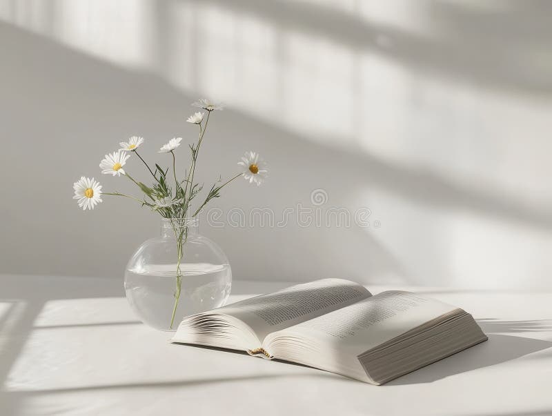 White Daisies in a Glass Vase beside an Open Book on a White Table with ...