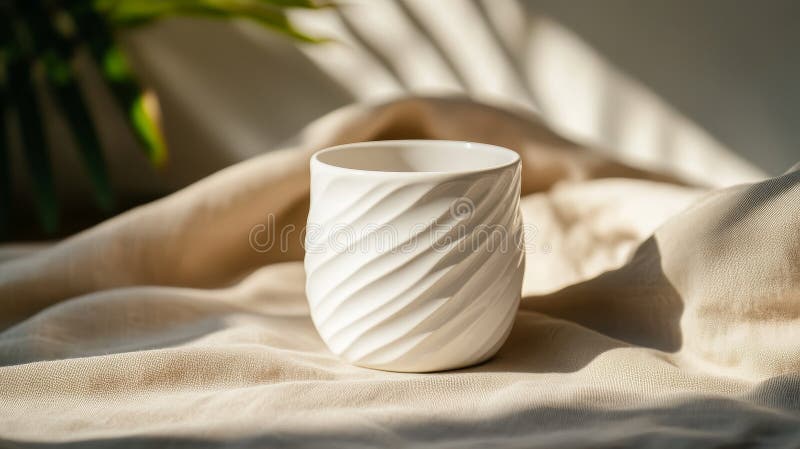 A Simple yet Elegant White Ceramic Cup with a Wavy Design Resting on a ...