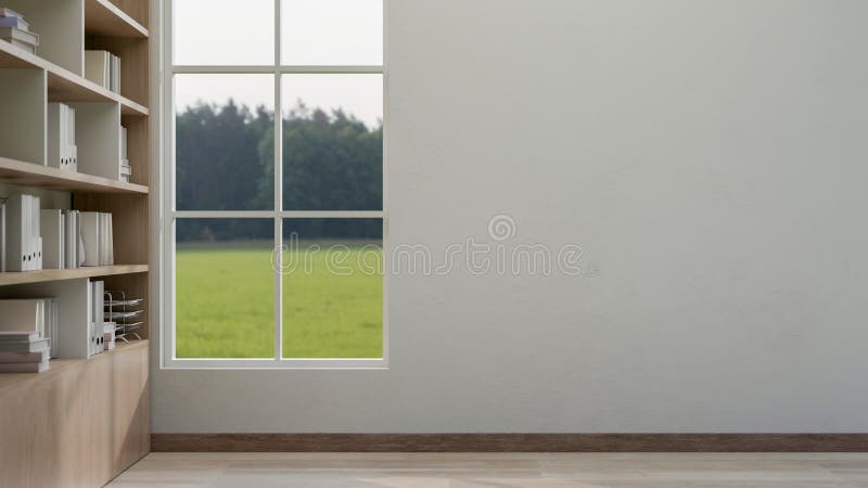 A Simple, Empty Room Features a Large Bookshelf by the Window, a White ...