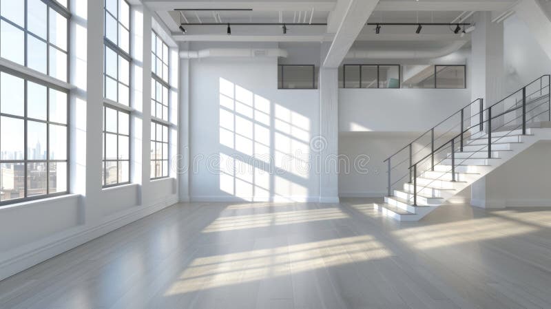 A Simple Empty Room with a Staircase Leading Up and Windows on Either ...