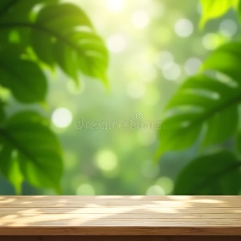 Simple Empty Wooden Table with Blurred Vibrant Tropical Greenery in the ...