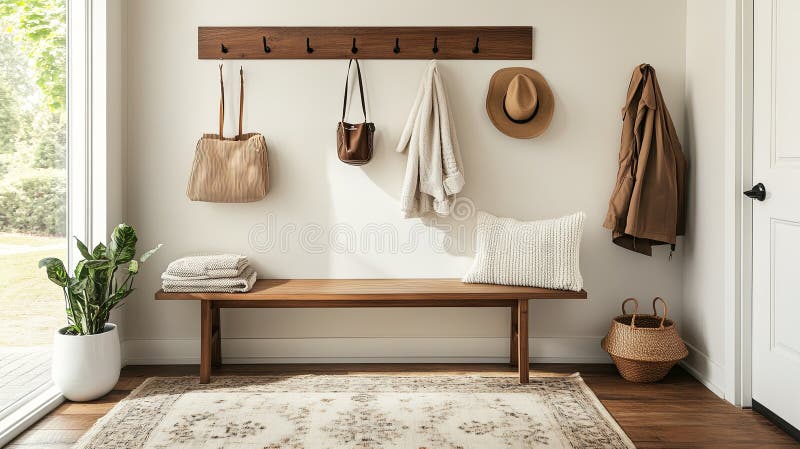 Simple Entryway Setup with Bench and Hanging Hooks. Stock Image - Image ...