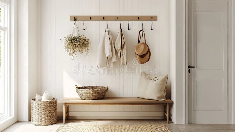 Simple Entryway Setup with Bench and Hanging Hooks. Stock Image - Image ...