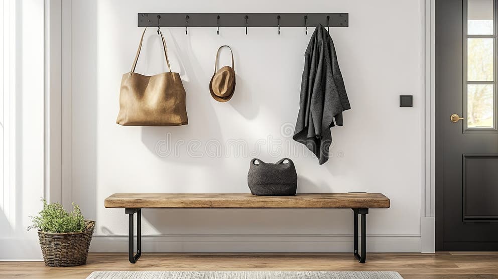 Simple Entryway Setup with Bench and Hanging Hooks. Stock Photo - Image ...