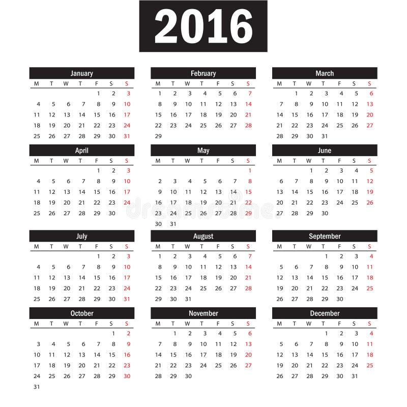 Simple European 2016 Year Vector Calendar Stock Vector - Illustration ...